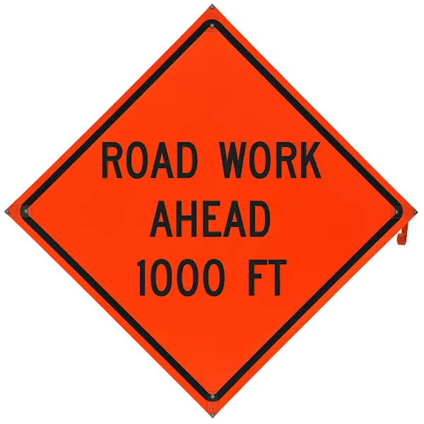 Road Work Ahead 1000ft. Safety Roadside Roll-Up Sign with Frames - 36 ...